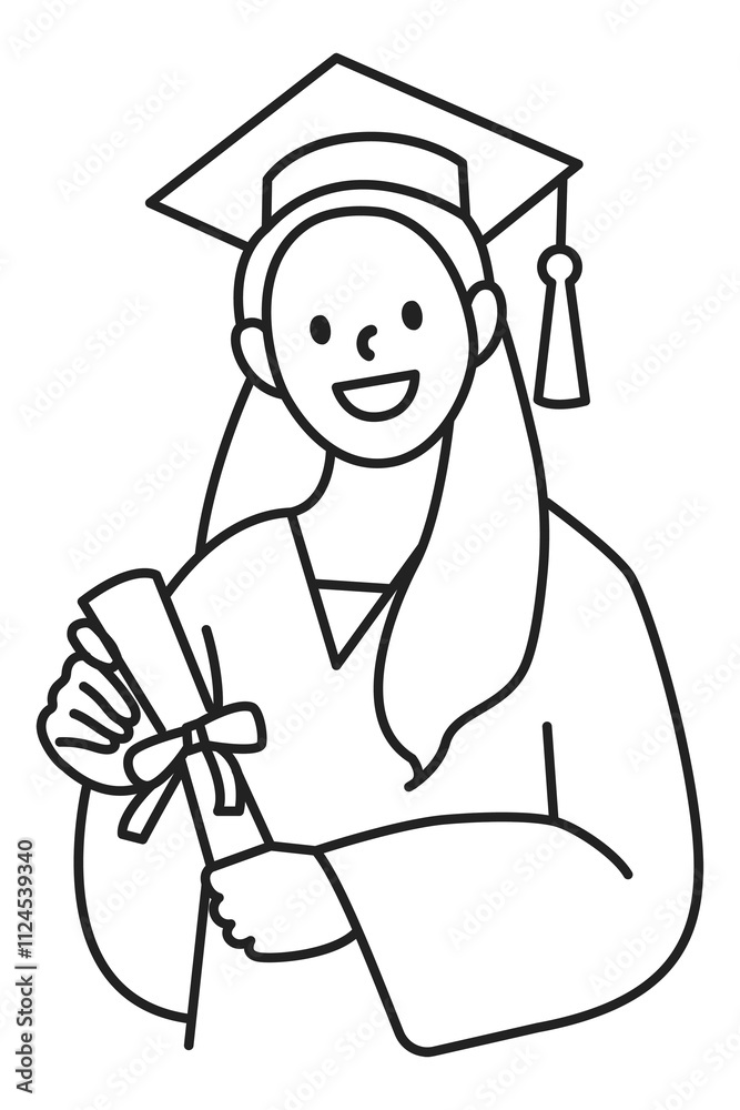 PNG Female graduate student in graduation gown holding diploma line art ...
