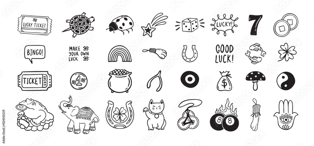 Good Luck doodle Symbols Set. Hand drawn lucky icons. Asian talismans ...
