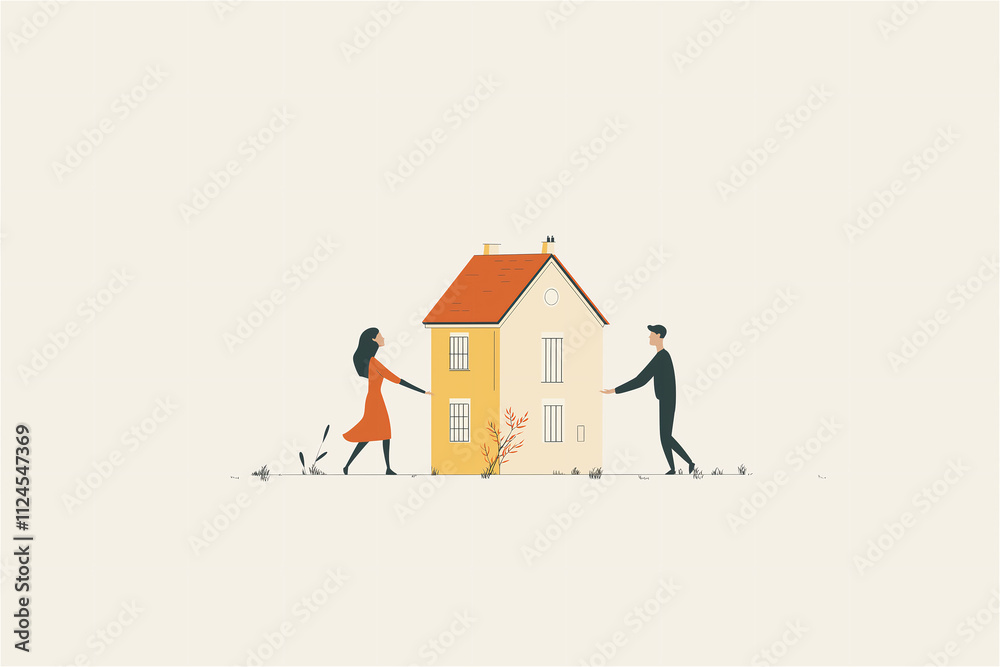 Illustration of a couple separating a house symbolizing divorce or ...