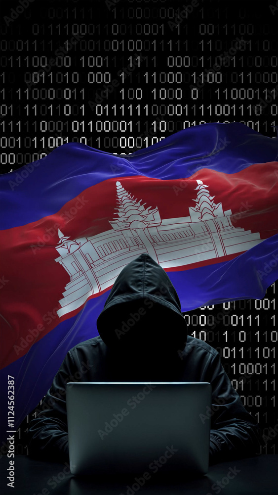 Cambodia flag - 3D realistic waving flag on matrix digital background ...