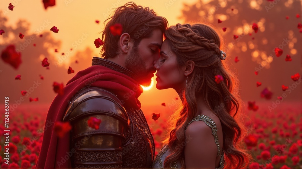 Medieval knight kissing princess in blooming rose field at sunset Stock ...