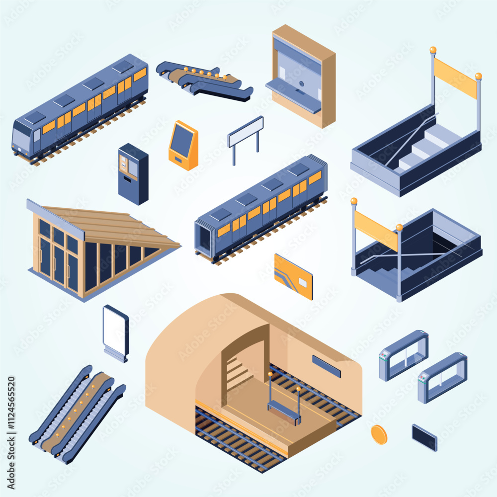 Subway metro underground railway transportation isometric set with ...