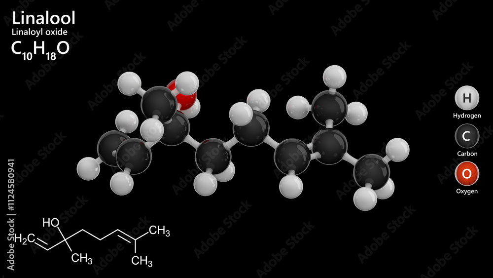 Molecule: Linalool. Terpene alcohol. Molecular structure. Formula ...