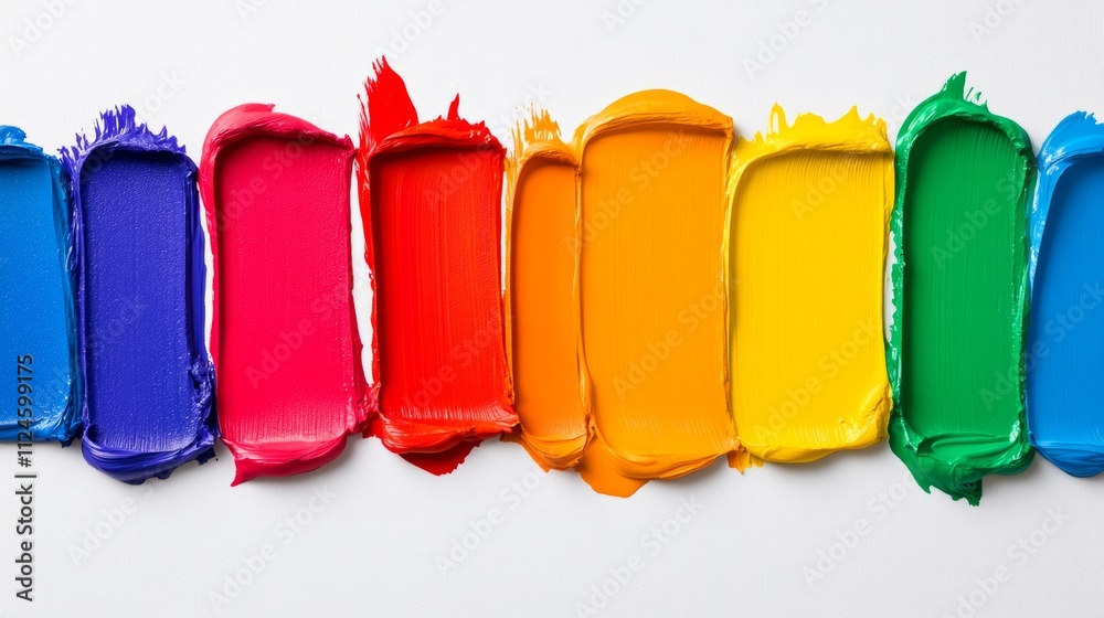 Row of paint colors are splattered across a white background. The ...