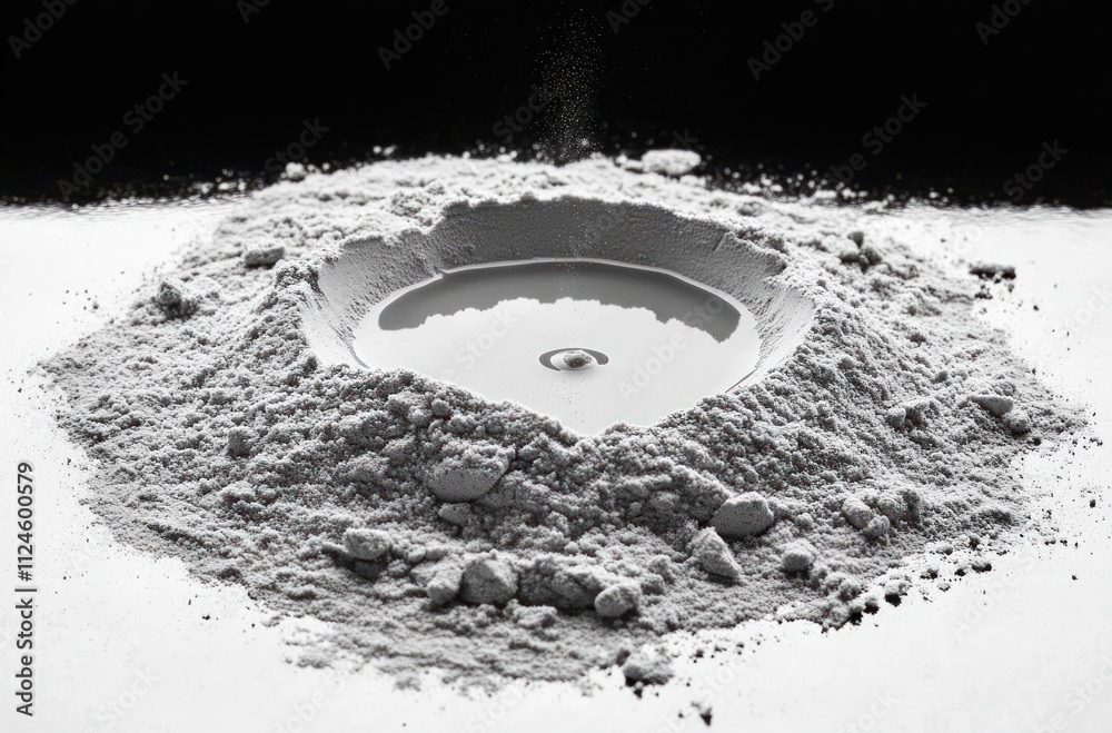 Gray powder mound and water puddle in high contrast black and white ...