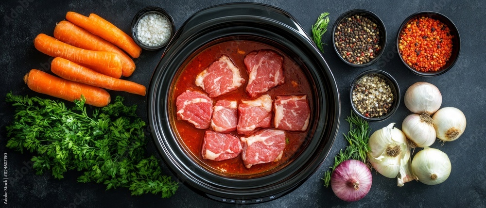Chunks of seasoned meat sit in a crockpot surrounded by fresh carrots ...