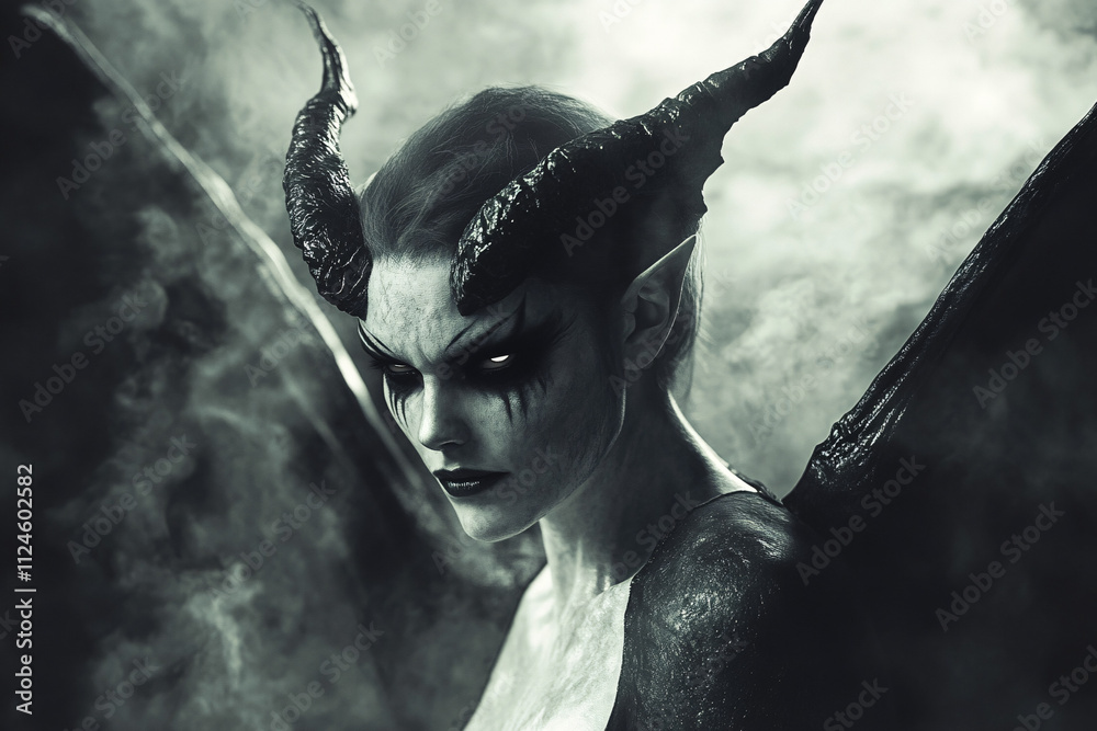 monochromatic fantasy portrait of a horned female demon with intense ...