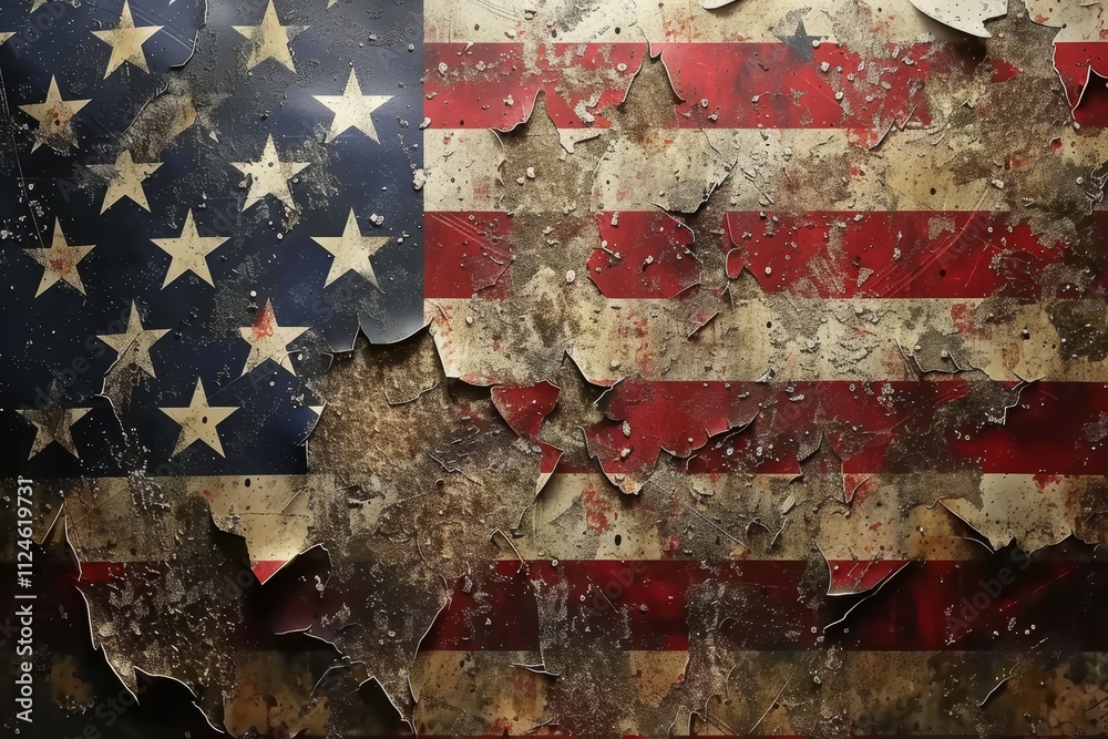 The worn American flag displays peeling layers of paint, highlighting ...
