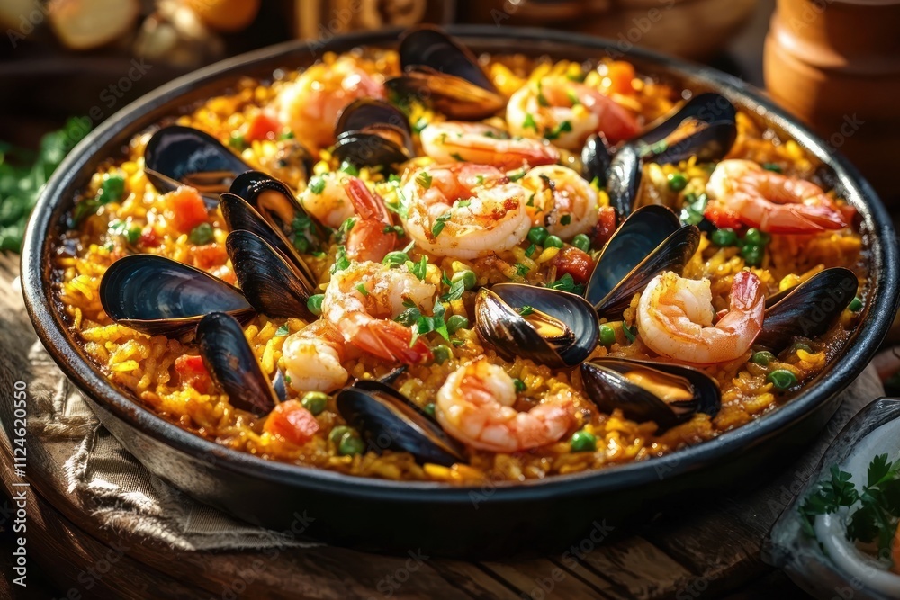 seafood paella dish rice shrimp mussels saffron traditional spanish ...