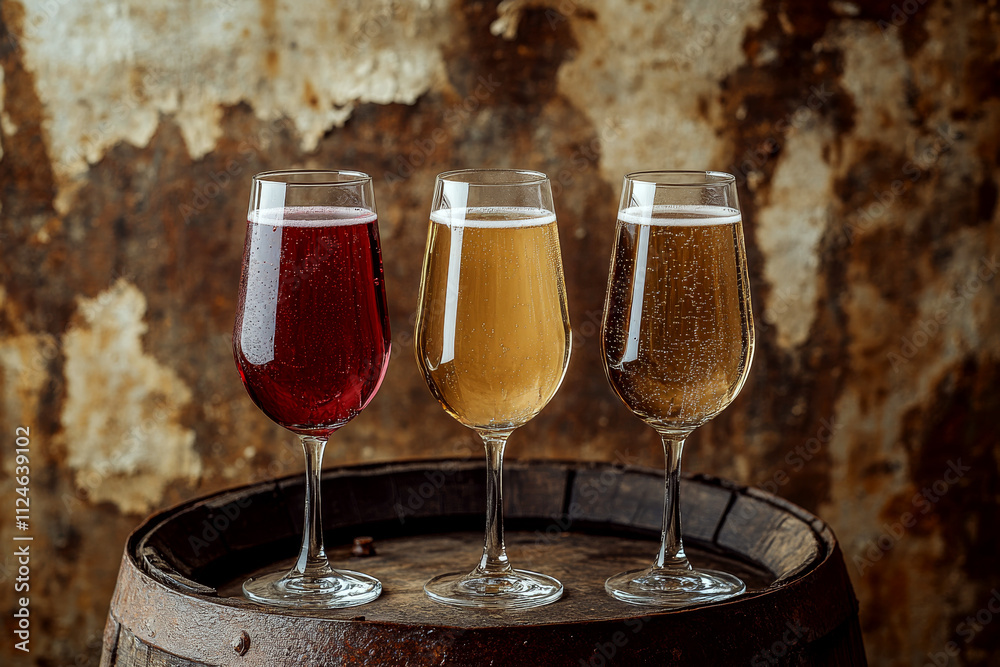 Three glasses filled with different beverages are placed on a wooden ...