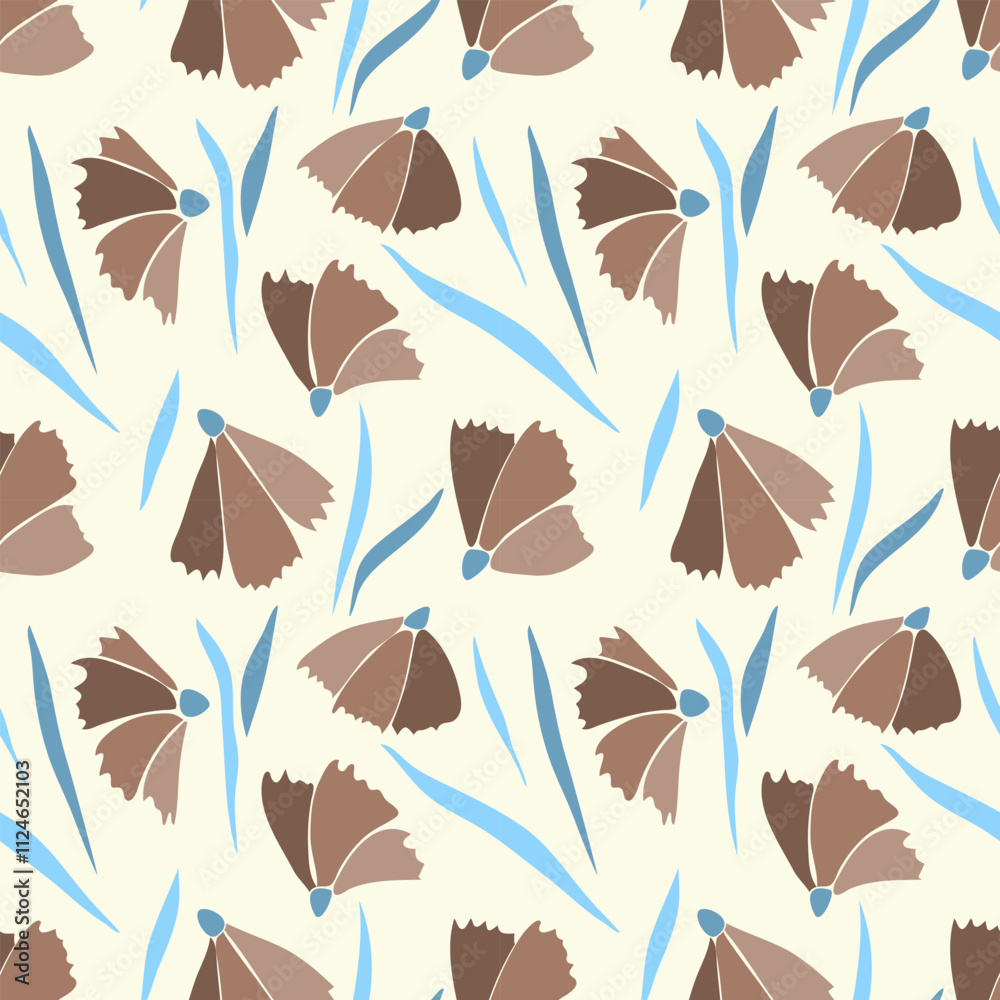 Pattern of flowers in mocha tones with blue leaves on soft beige ...