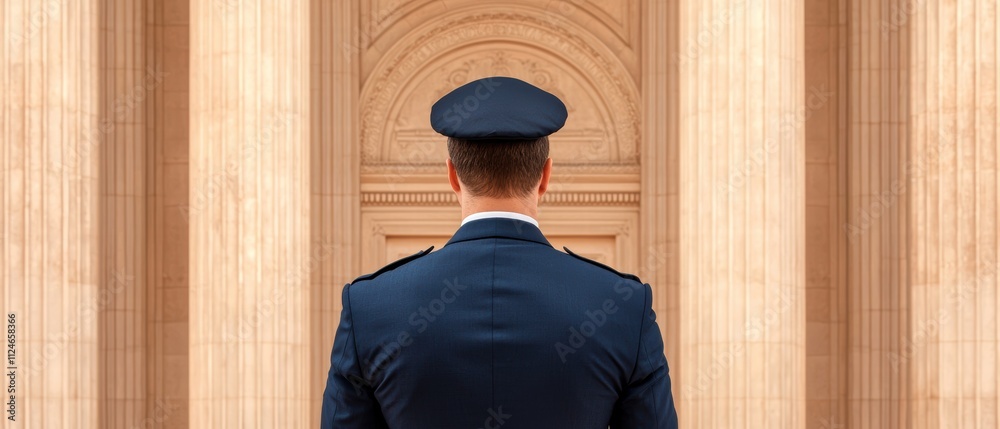 arrest police rights concept. A uniformed officer stands facing a grand ...