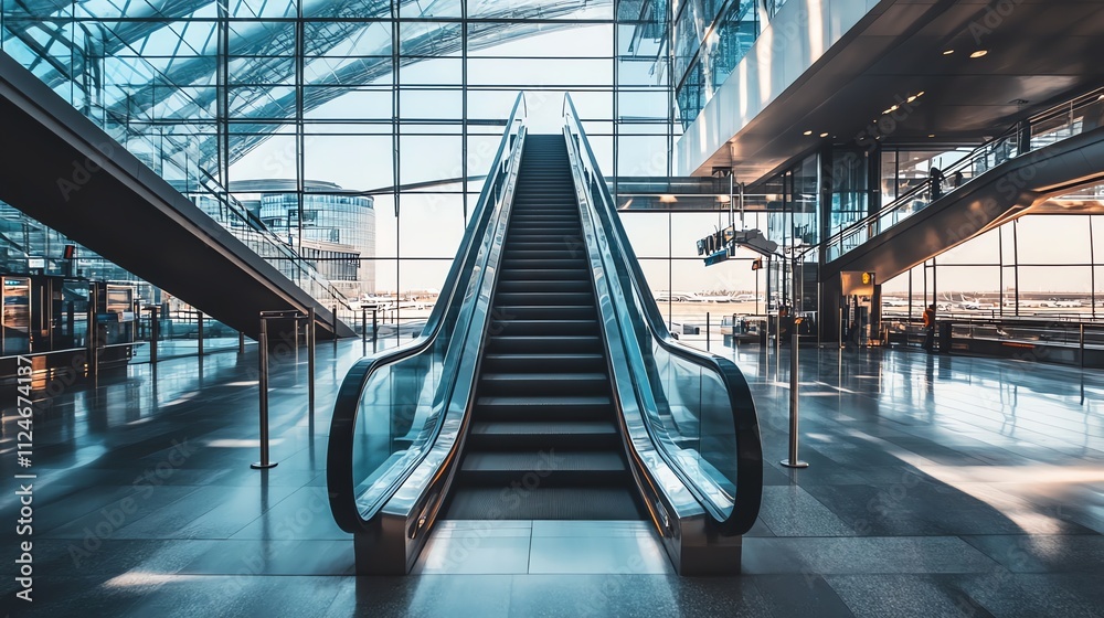 An escalator in a modern, bright airport terminal, with a large glass ...