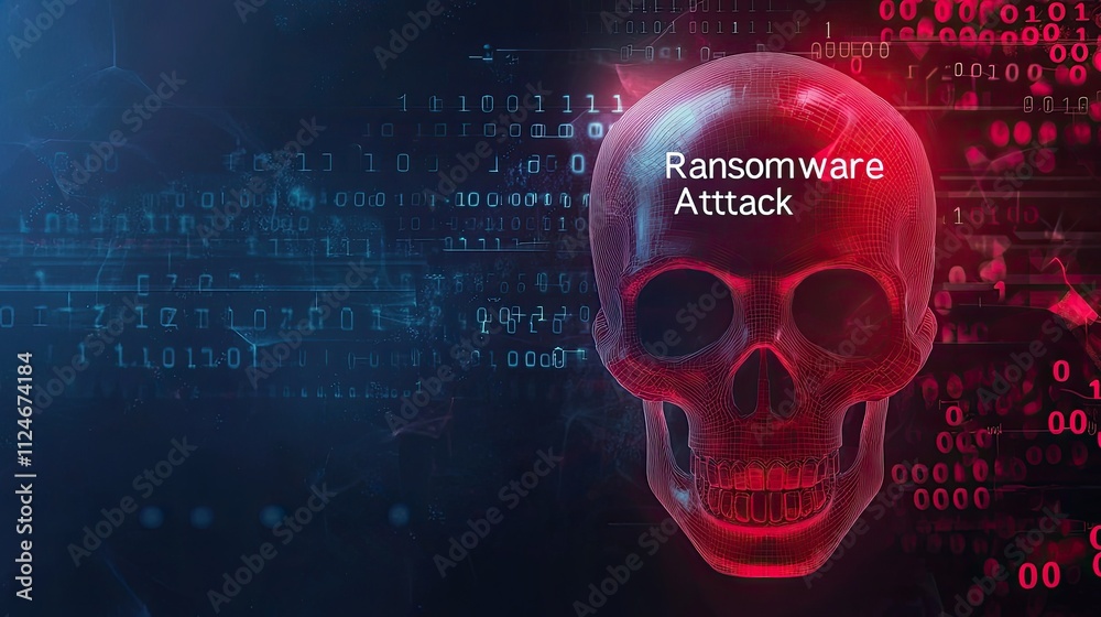 Cybersecurity concept. Digital art depicting a skull with "Ransomware ...