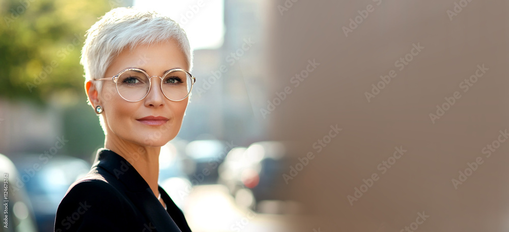 Portrait of a 43-year-old woman outdoors with short gray hair and round ...