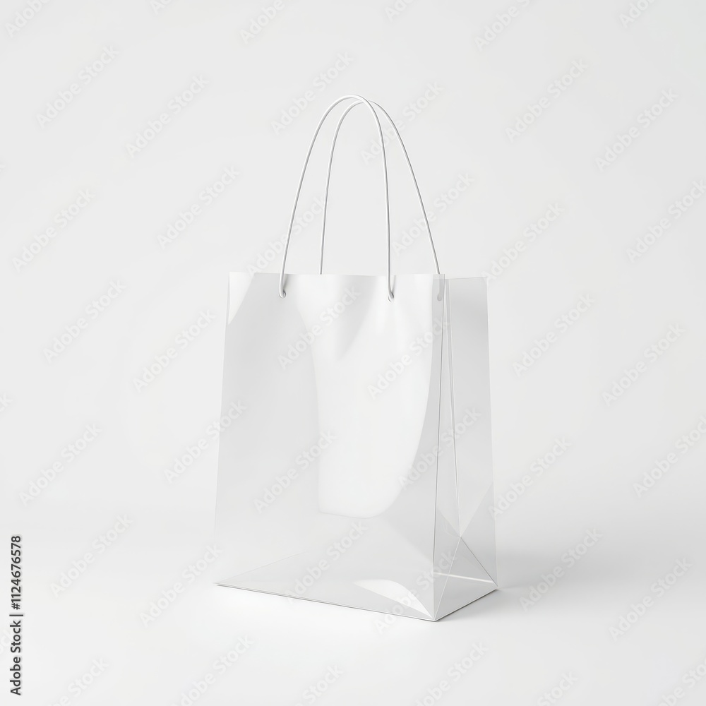 minimalist white shopping bag, transparent plastic, simple design ...