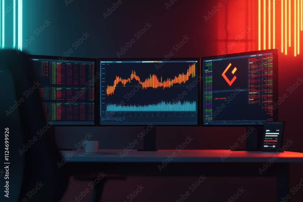 Trading setup with multiple monitors displaying financial charts and data in a modern workspace ...
