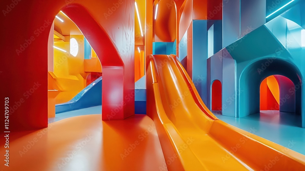 Modern interactive playground with vibrant orange slides and geometric ...