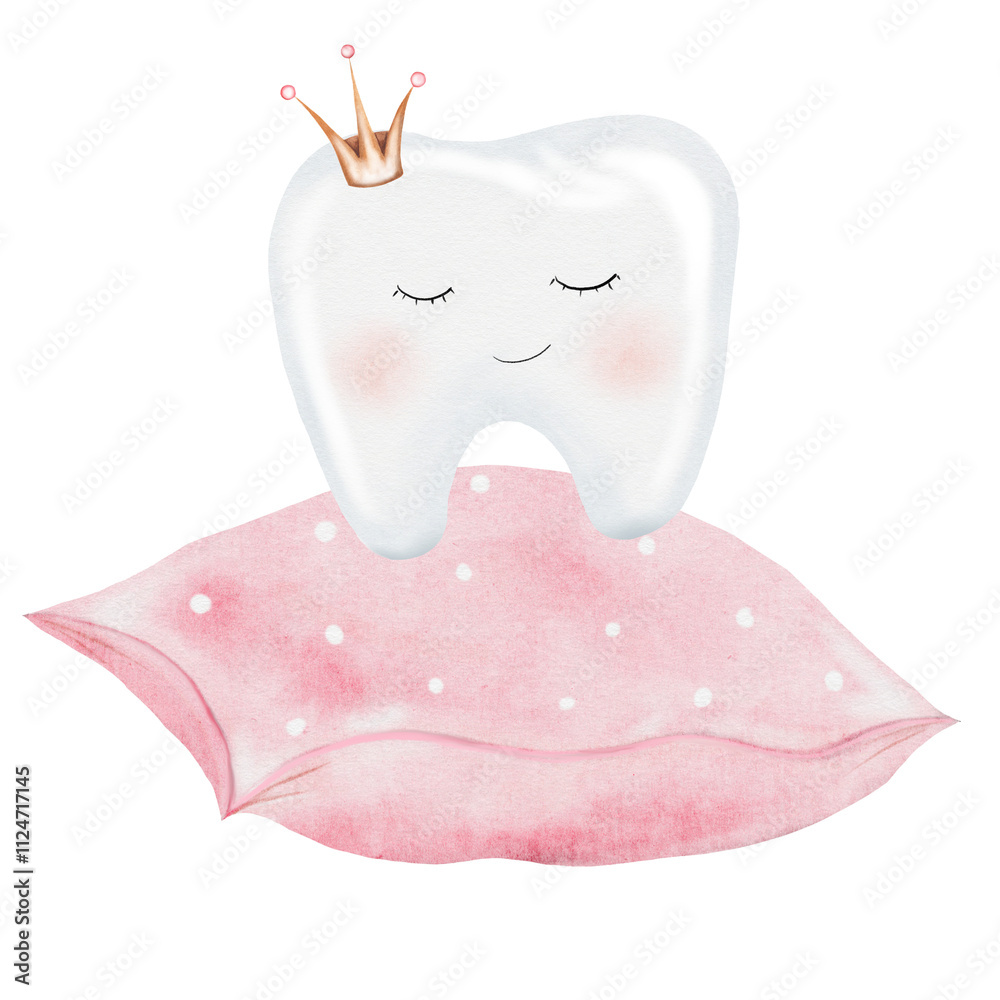 Baby tooth watercolor. Cute cartoon molar with crown on the pillow on ...
