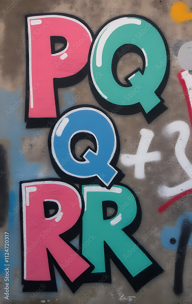 Graffiti on a city wall features letters P, Q, and R as part of an ...