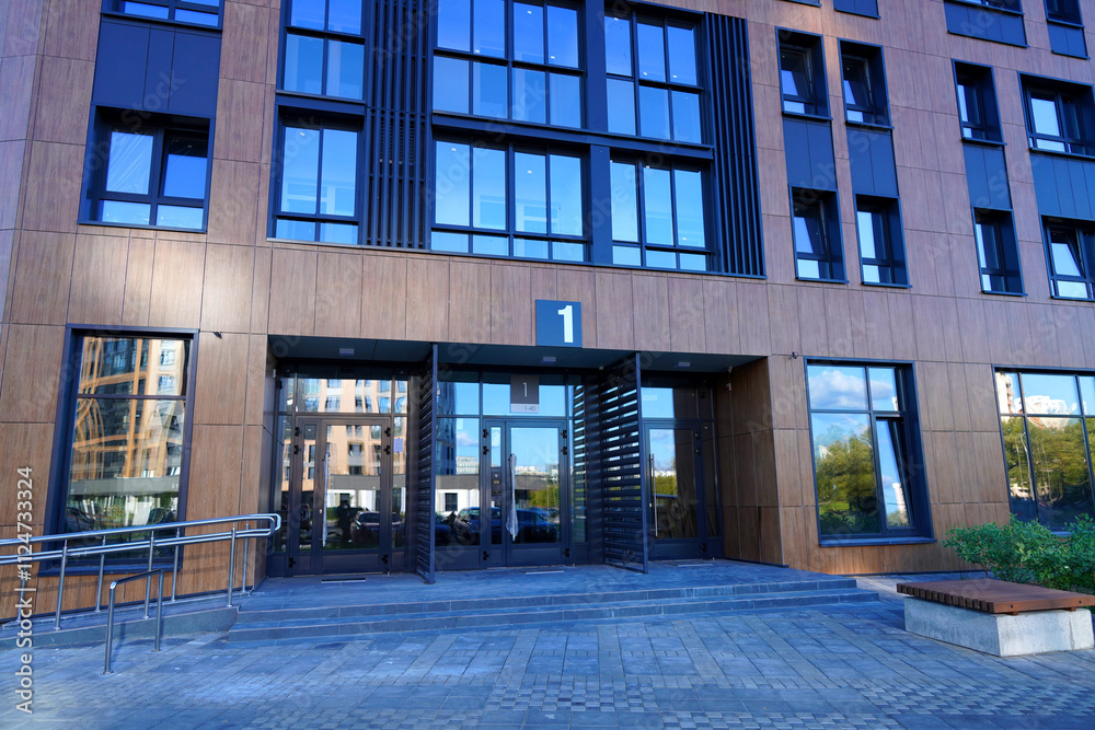 Entrance to Condo house complex. New Modern residential building ...