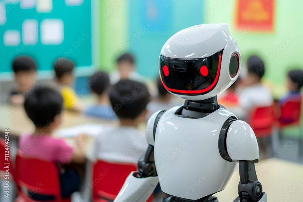 Ai's impact on future education, white humanoid robot in classroom with ...