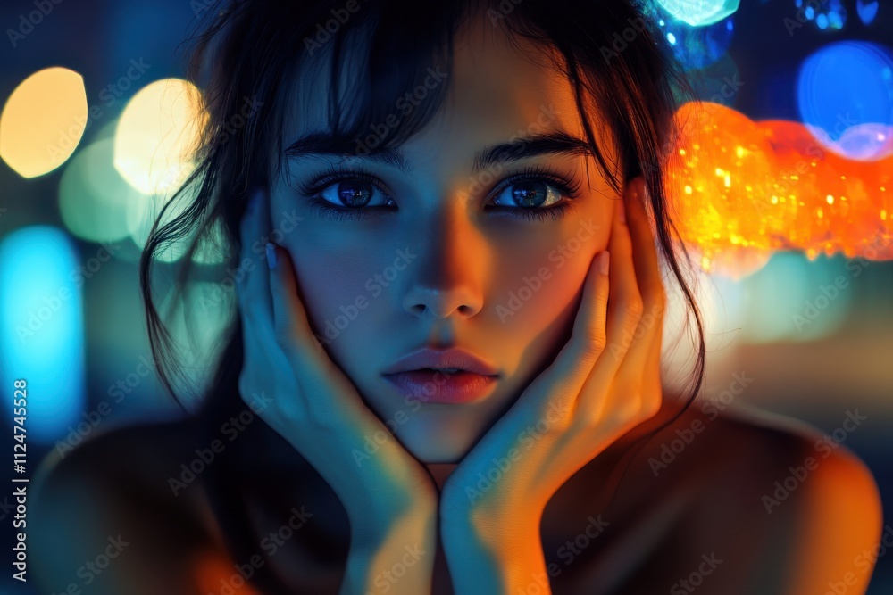 Portrait young woman contemplative expression hands on cheeks dark hair colorful bokeh ...