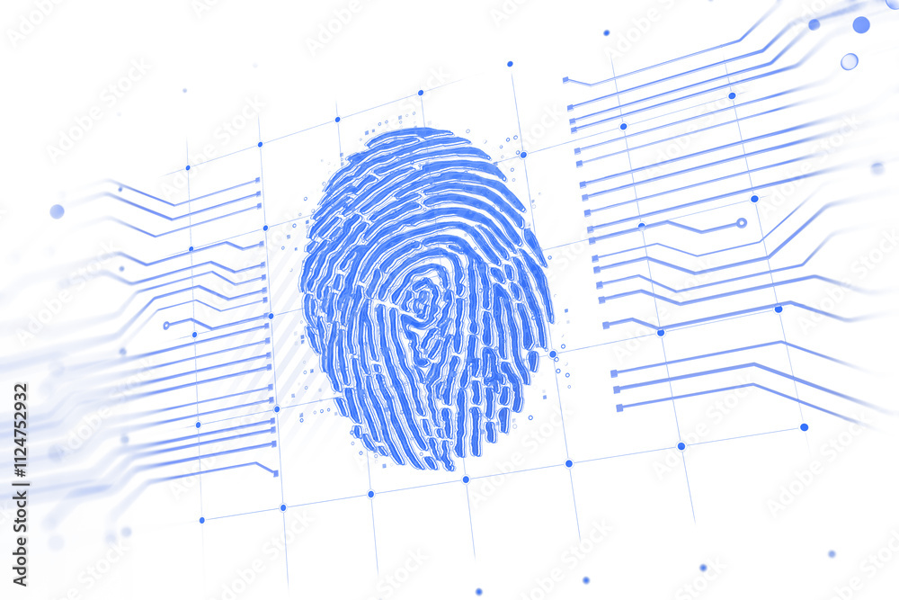 Blue fingerprint with digital circuit-style lines on white background ...