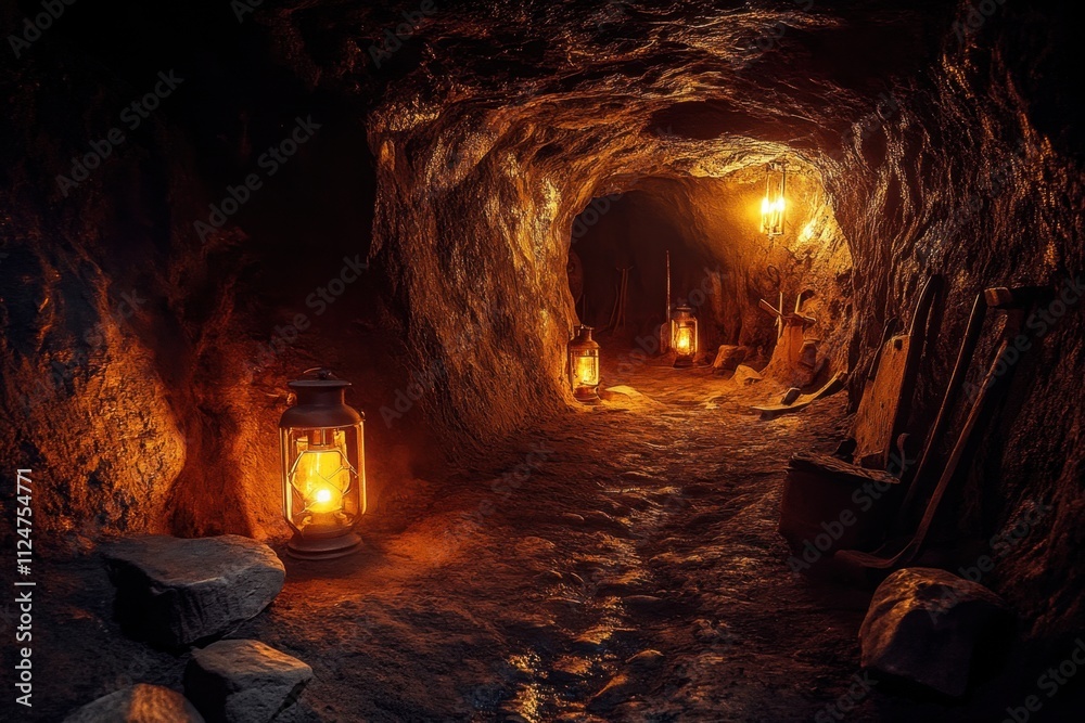 Exploring a dark narrow mine shaft illuminated by flickering lanterns ...