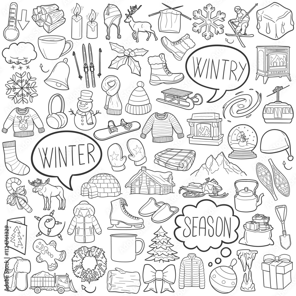 Winter Season Doodle Icons Black and White Line Art. Wintry Clipart ...