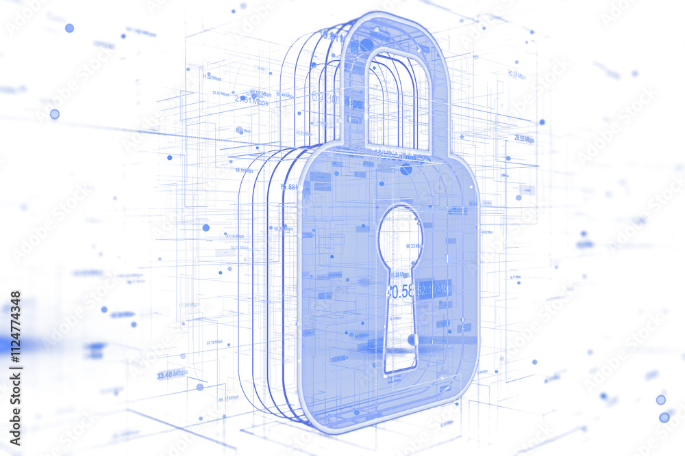 Transparent blue lock icon with holographic style, surrounded by ...