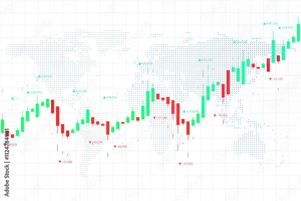 Candlestick chart with green and red bars, world map overlay, grid ...