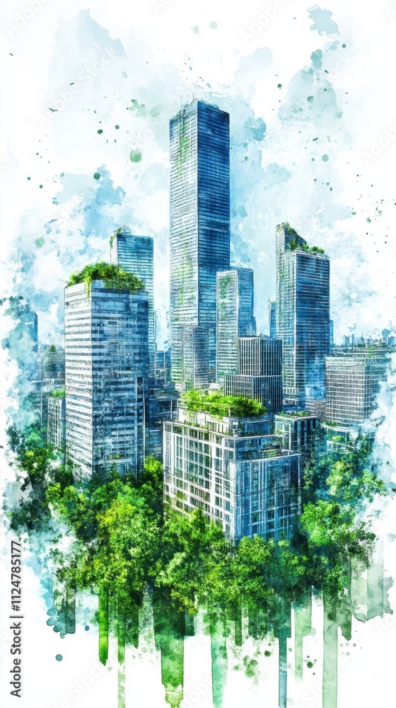 Vibrant watercolor eco-industrial hub featuring green rooftops and ...