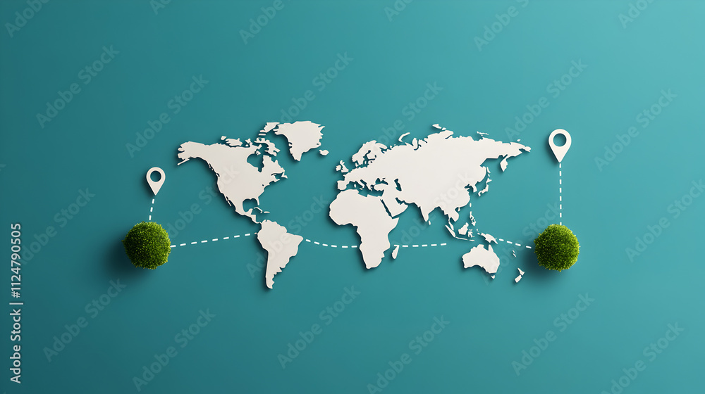 A simple map of a travel route with a dotted line and simple icons for ...