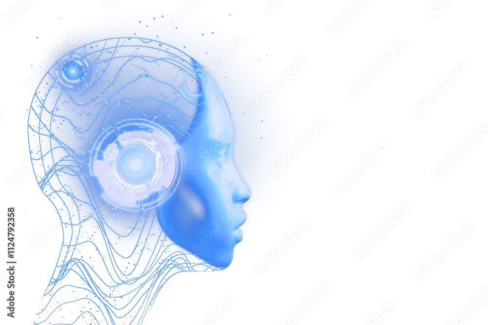 Blue digital human head silhouette with neural circuit patterns and holographic effects on white ...