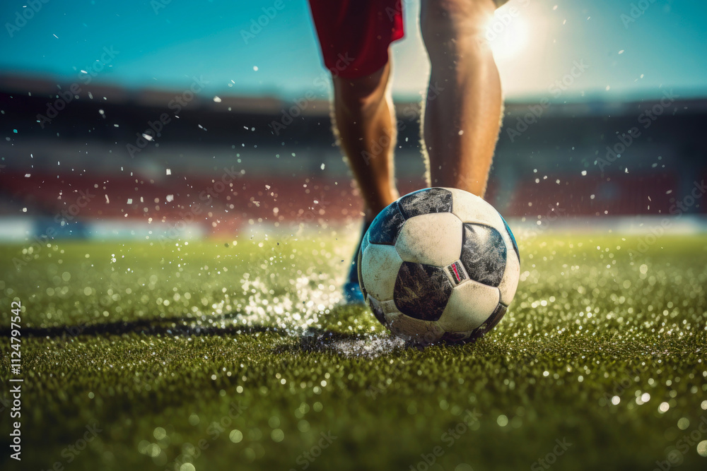 Legs and feet of football player running and dribbling with ball ...