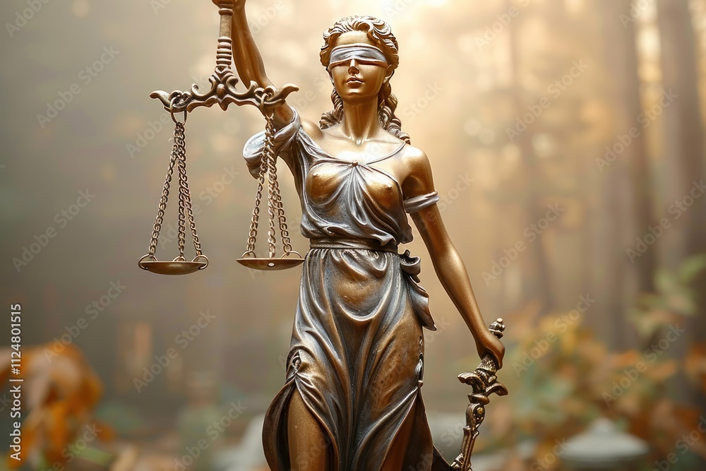 Scales of justice held by the statue of lady Justice isolated on grey ...