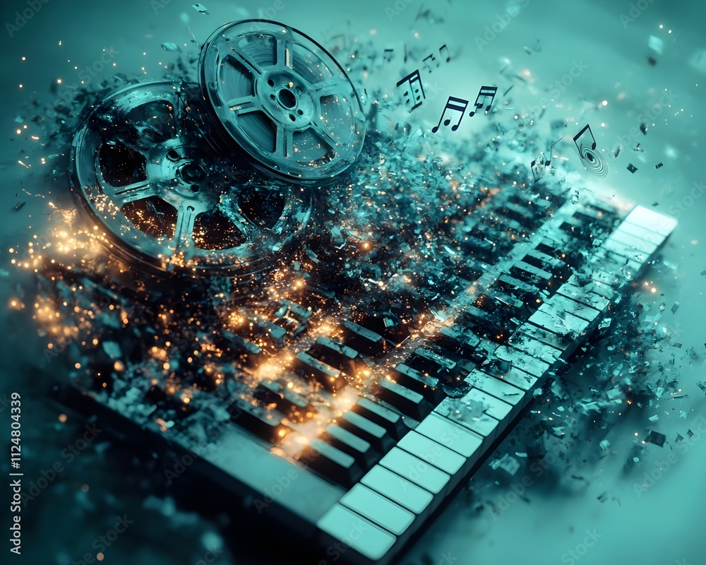 electronic circuit board design featuring a glowing keyboard, a film ...