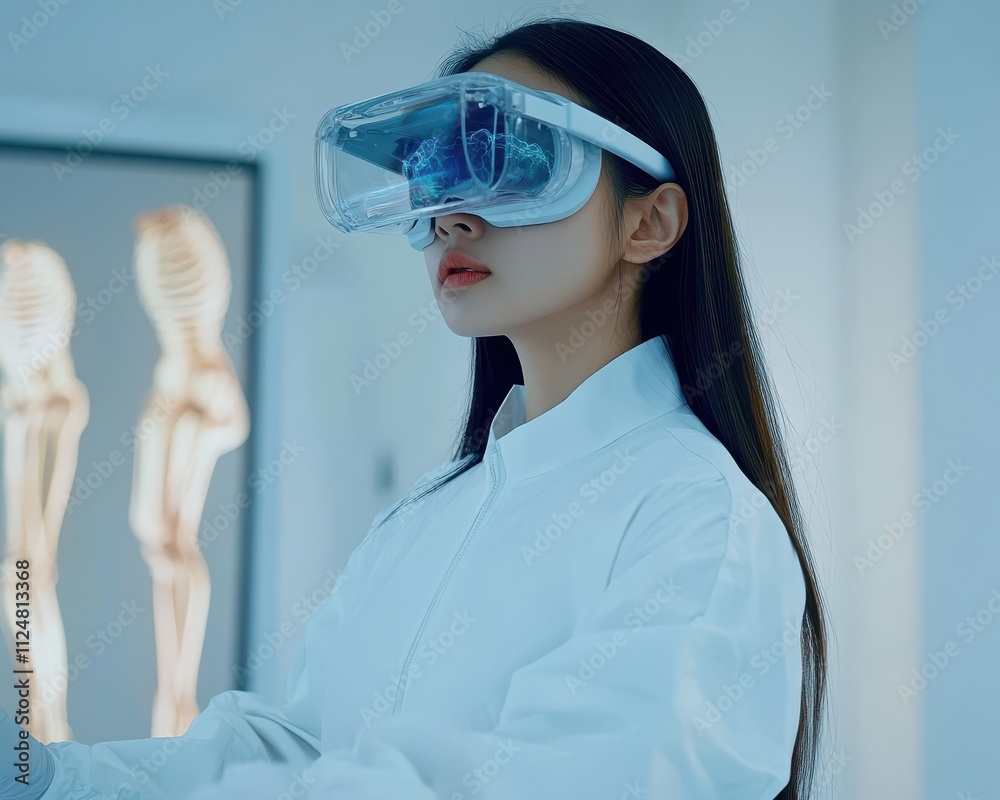 Asian woman in sterile lab environment using VR glasses, exploring a ...