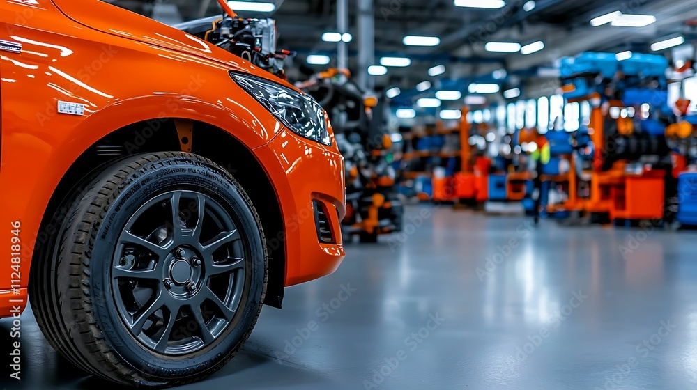 Mechanics repair engine restoration. A bright orange car parked in a ...