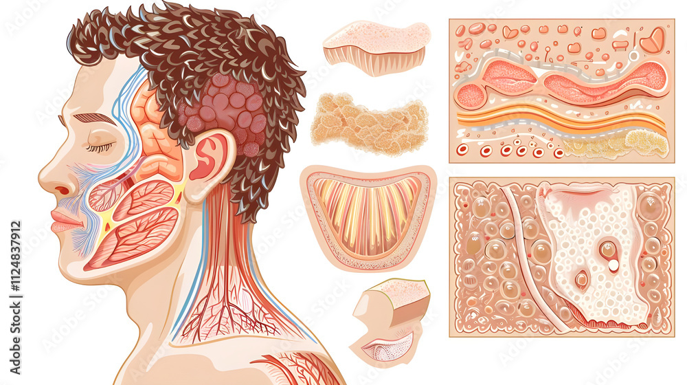 Detailed head and neck anatomy illustration showing muscles, nerves ...