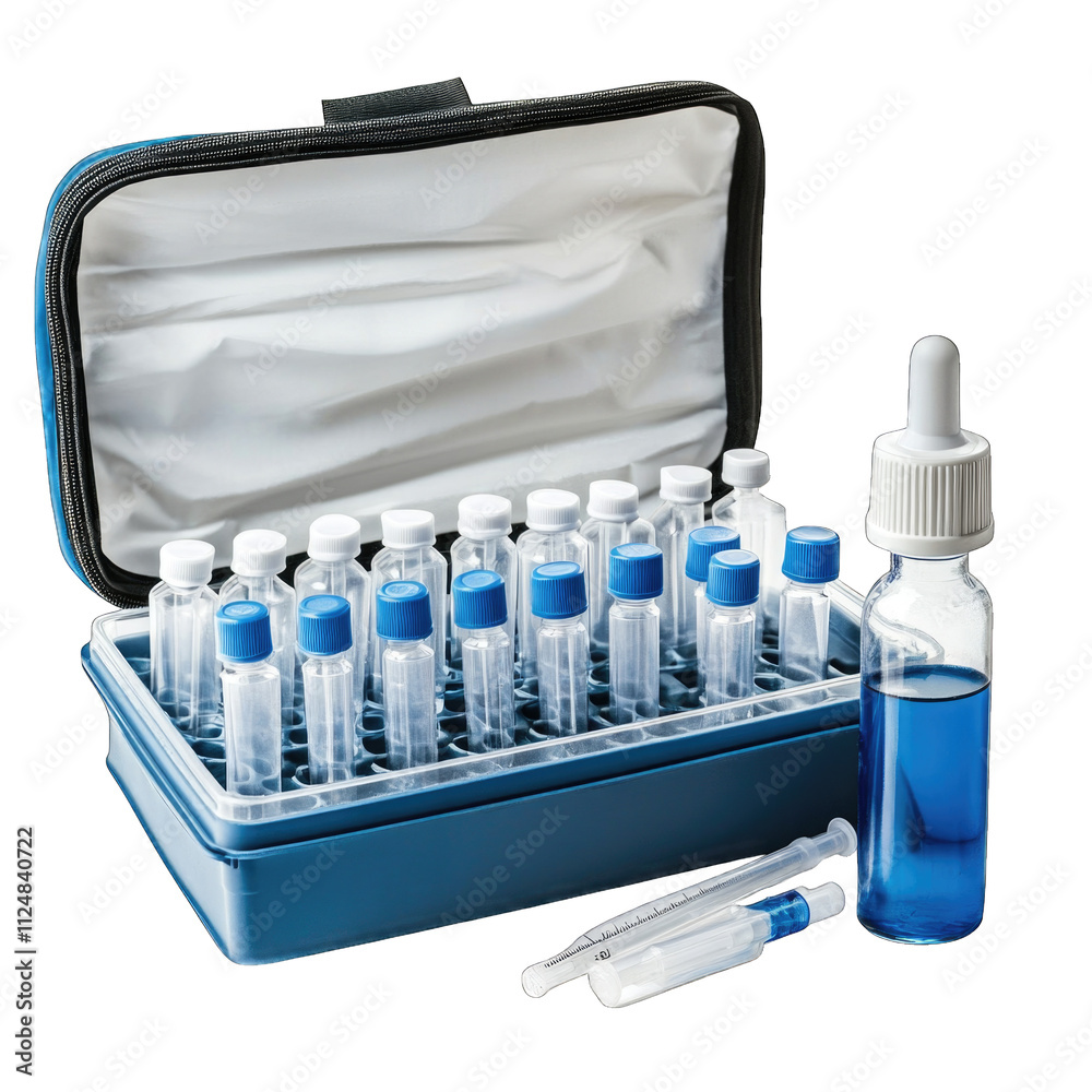 Laboratory testing kit with multiple vials and a dropper bottle ...