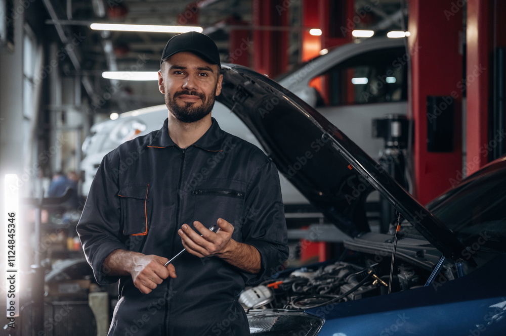 Front view, standing and holding tool. Mechanic working in a car ...