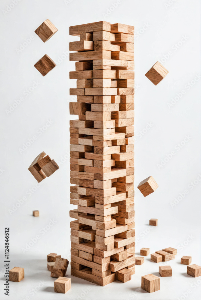 Tower stacked from wooden blocks on white background. Business risk ...