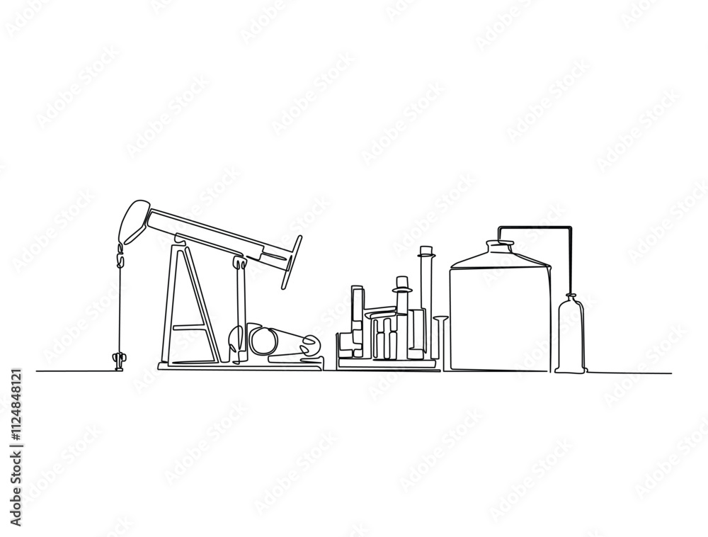 Continuous one line drawing of oil driling pumpjack. Oil pump oil rig ...