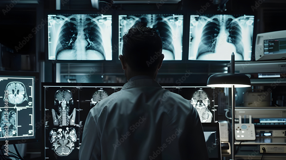 Doctor reviewing medical x-rays and scans on multiple monitors in dark ...