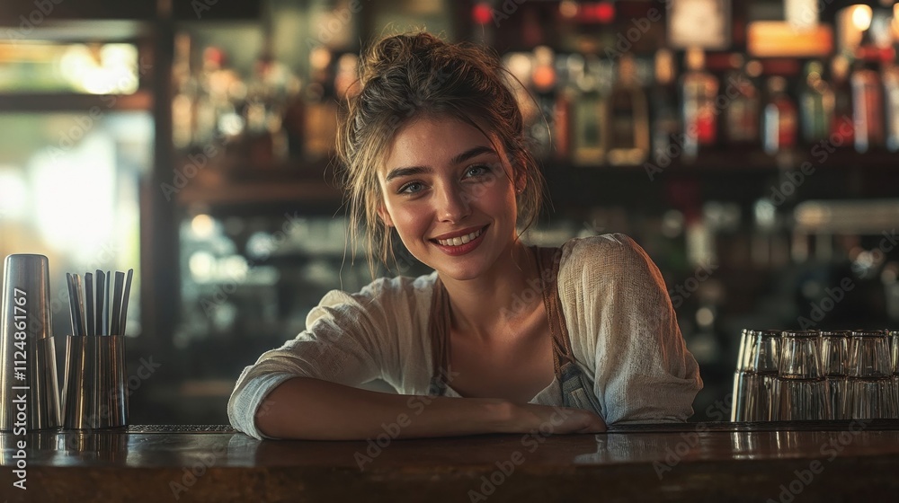 Young smiling barmaid in vintage white blouse leaning on bar counter in ...