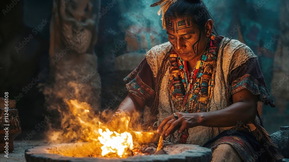 Indigenous shaman performing traditional ritual by sacred fire ...