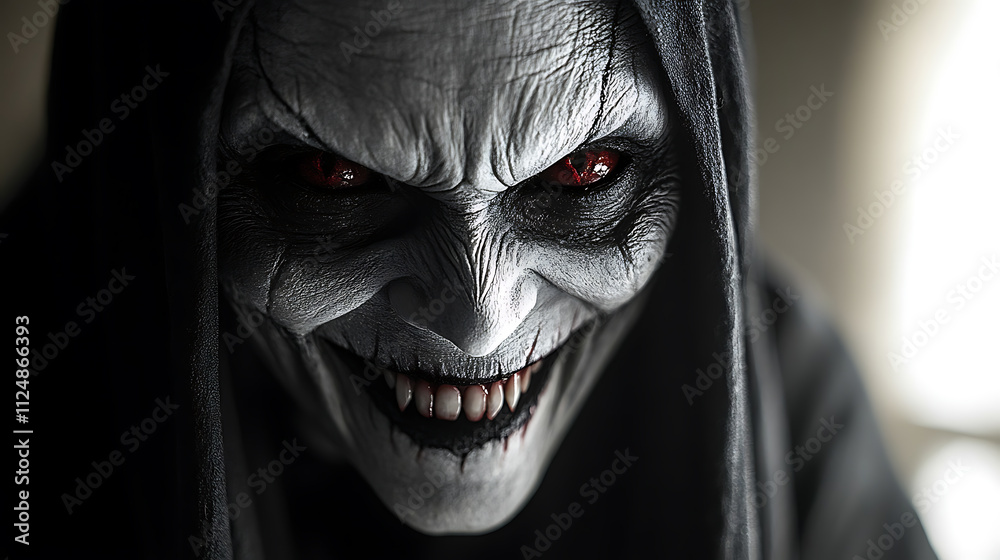 portrait of a evil scary nun smiling showing her red eyes and teeth ...
