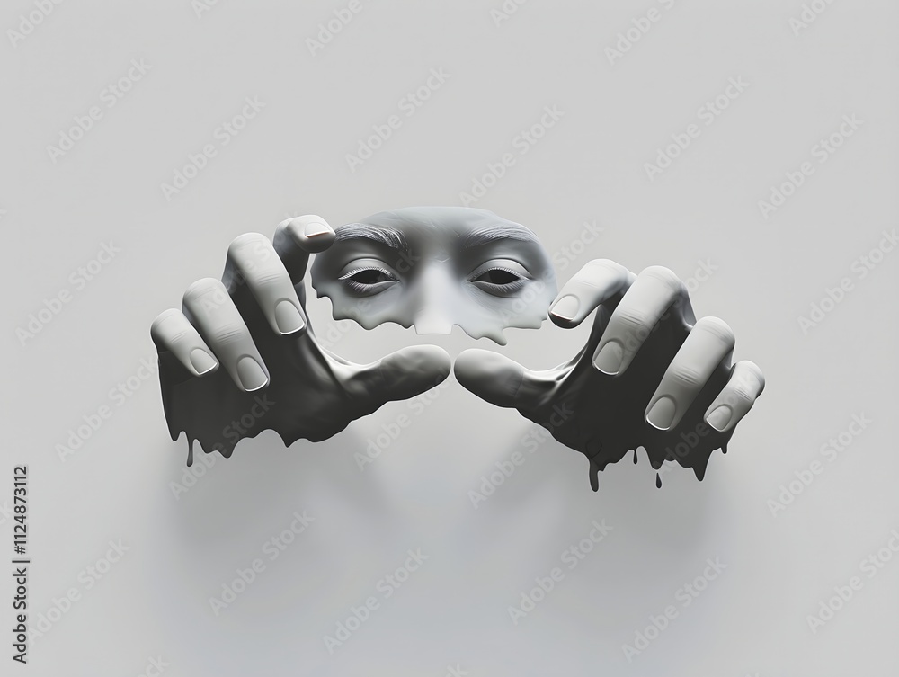 Surreal artwork of hands tearing through a surface with a face peeking ...